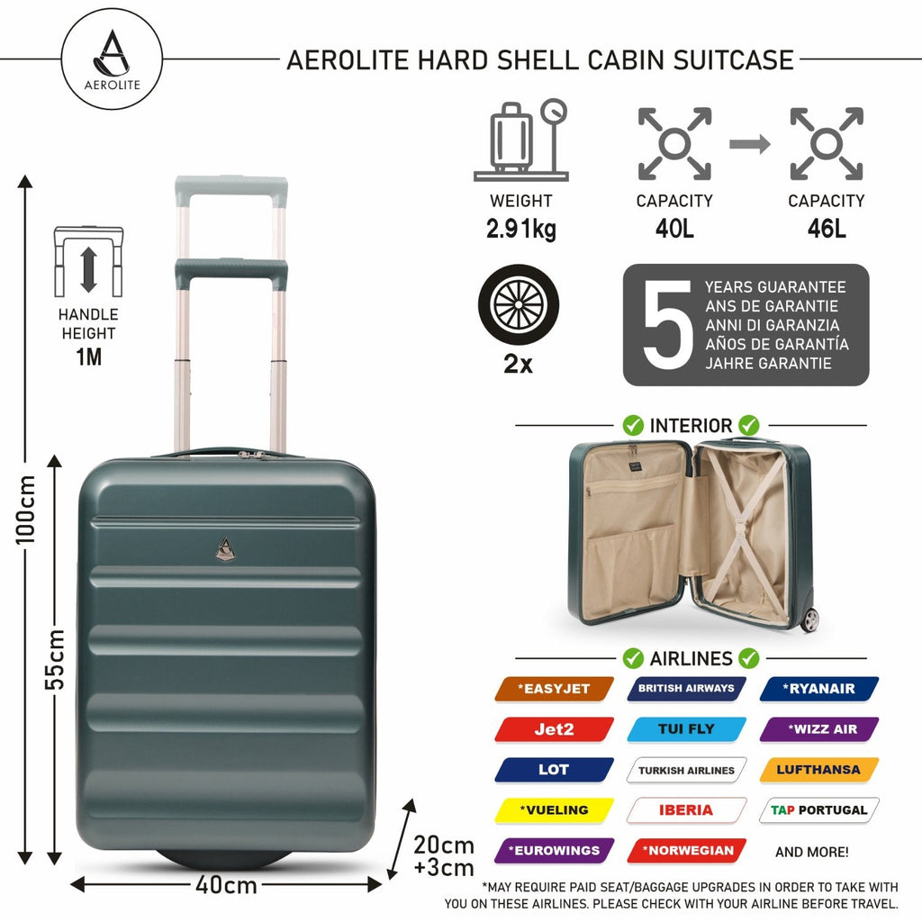 Aerolite 55x40x20-23cm Expandable Cabin Luggage | Ryanair & Wizz Air ...